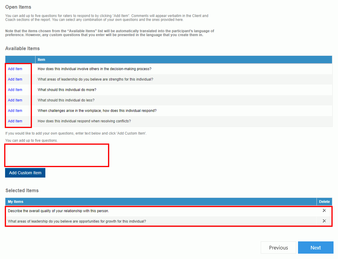 Adding questions to the rater form